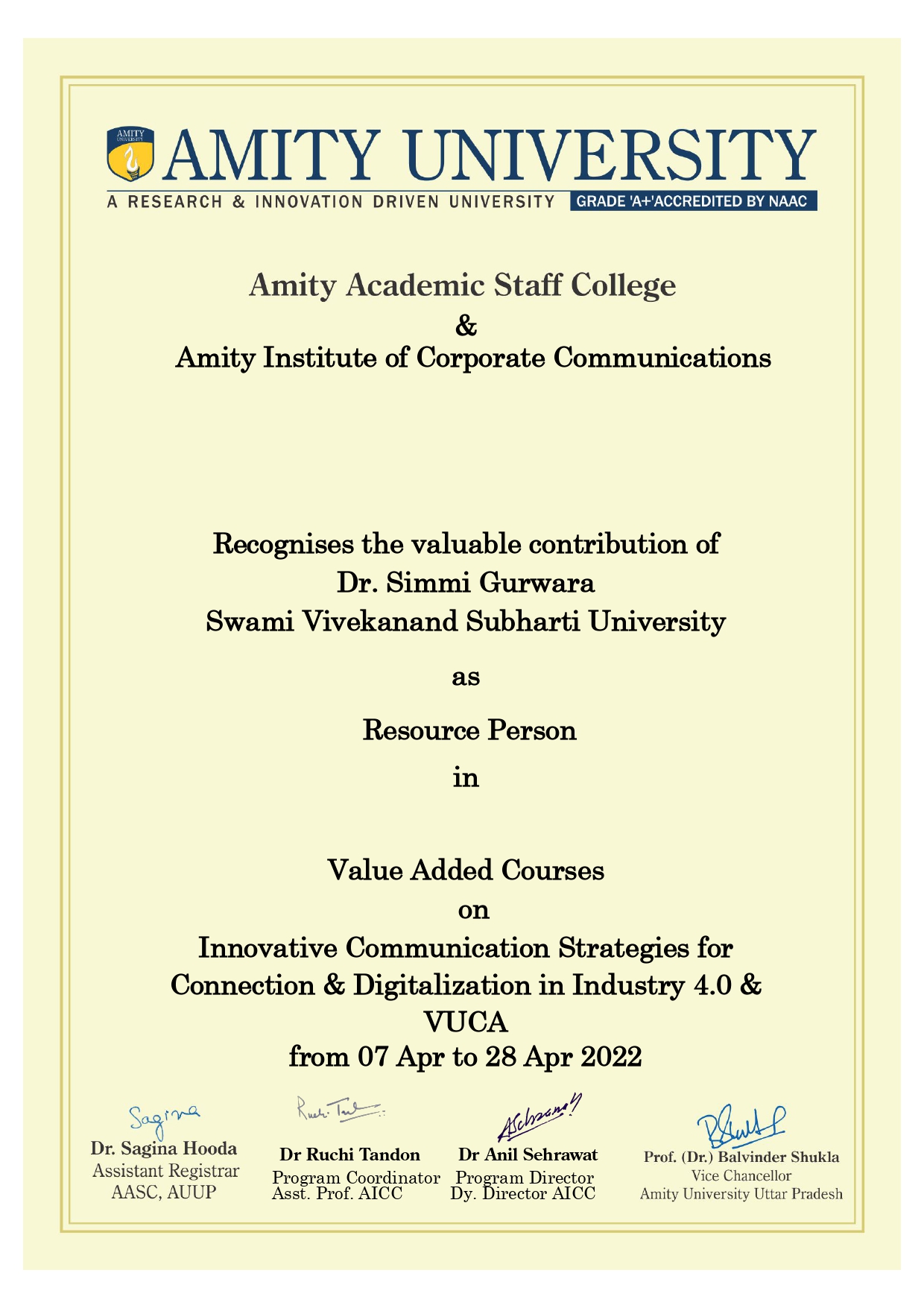 Certificate Of Appreciation To Dr Simmi Gurwara Subharti University News Certificate Of Appreciation To Dr Simmi Gurwara Subharti University News